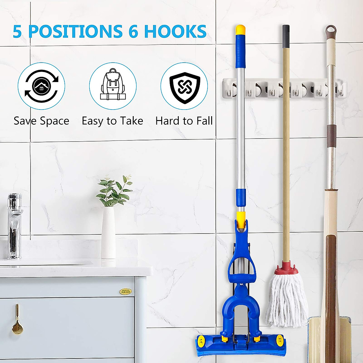 2 Pack Mop and Broom Holder wall mount - ONMIER Garage Organization Hanger Wall Mounted, Hanging Tool Organizer Storage Rack for Home Gard Yard Item - 5 Slots and 6 Hooks