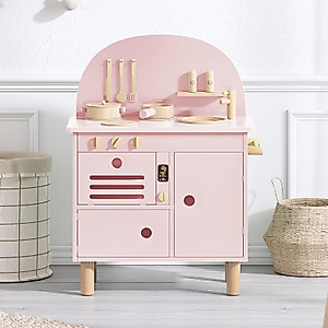 cuoote Play Kitchen Set for Kids Toddlers, Toddler Kitchen Set, Wooden Mini Pretend Kitchen playset for Boys and Girls, Toy Kitchen Gift for Girls and Boys, Gift for Ages 3+, Pink