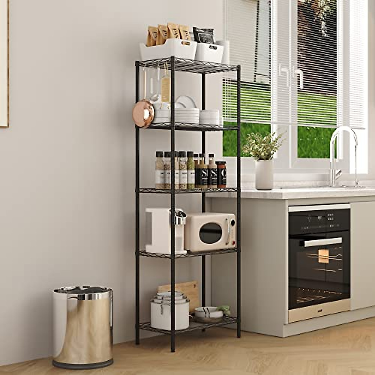 HOMEFORT 5-Shelving Unit,Adjustable Wire Shelving,Metal Wire Shelf with Shelf Liners and Hooks for Kitchen,Closet,Bathroom,Laundry,Black,21" W x 11" D x 59" H