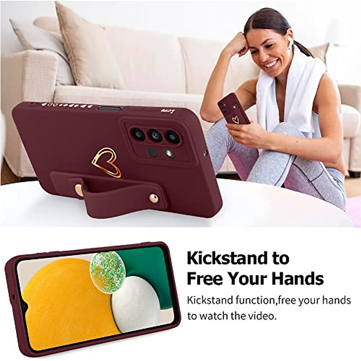 Fiyart Designed for Samsung Galaxy A13 4g 5g Case with Phone Stand Holder Cute Love Hearts Protective Camera Protection Cover with Wrist Strap for Women Girls for Galaxy A13 4G/5G-Wine Red