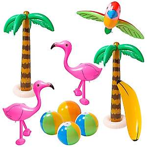 R HORSE 10 Pcs Inflatable Palm Tree Flamingo Banana Beach Ball Parrot Beach Pool Toys for Tropical Hawaiian Luau Summer Party Decorations