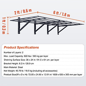 VEVOR Garage Shelving Wall Mounted, 2 x 6 ft Heavy Duty Garage Wall Shelves, 1600 lbs Load Capacity Garage Storage Rack Floating Shelves, 2 Pack, Suitable for Shop, Shed, Garage Storage, Black