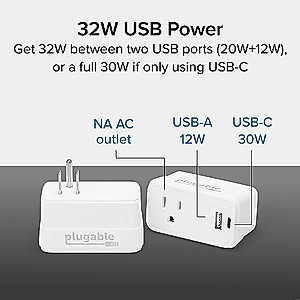 Plugable Wall Outlet Extender with 1x USB-C and 1x USB, 32W USB C Charger Block, USBC Fast Charger for iPhone 13/14, Travel, Home, Office, Cruise Ship