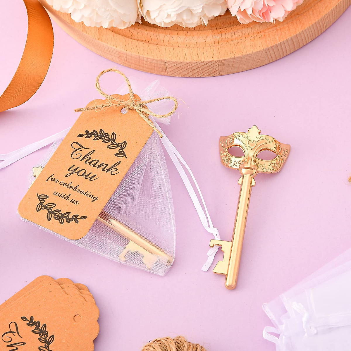 YKLIGTN 24Pieces Mask Design Bottle Openers for Masquerade Mask Party, Wedding Favors，Bridal Shower Party Decorations,Baby Shower /Birthday Souvenirs or Gifts for Guests Bulk with Gift Bags