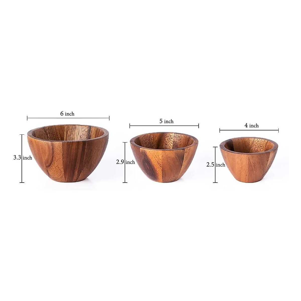 Tiny Nesting Round Wood Bowls Mix Size Stackable Acacia Wooden Bowl Set with Dia 4", 5", and 6" with 3 spoons for serving salad, fruit, dip sauce, salsa, snack, rice, pasta, cereal, Decor Nest Dish