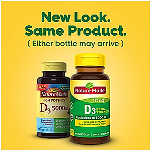 Nature Made Extra Strength Vitamin D3 5000 IU (125 mcg), Dietary Supplement for Bone, Teeth, Muscle and Immune Health Support, 180 Softgels, 180 Day Supply