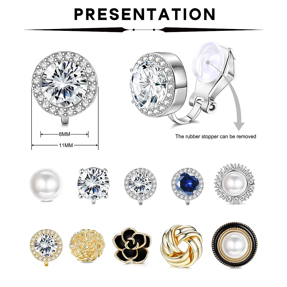 FIBO STEEL 10 Pairs Clip Earrings for Women Clip On Earrings for Non Pierced CZ Flower Simulated Freshwater Pearl Twist Knot Clip Earrings Sets Gold Silver Tone (Mix-color)