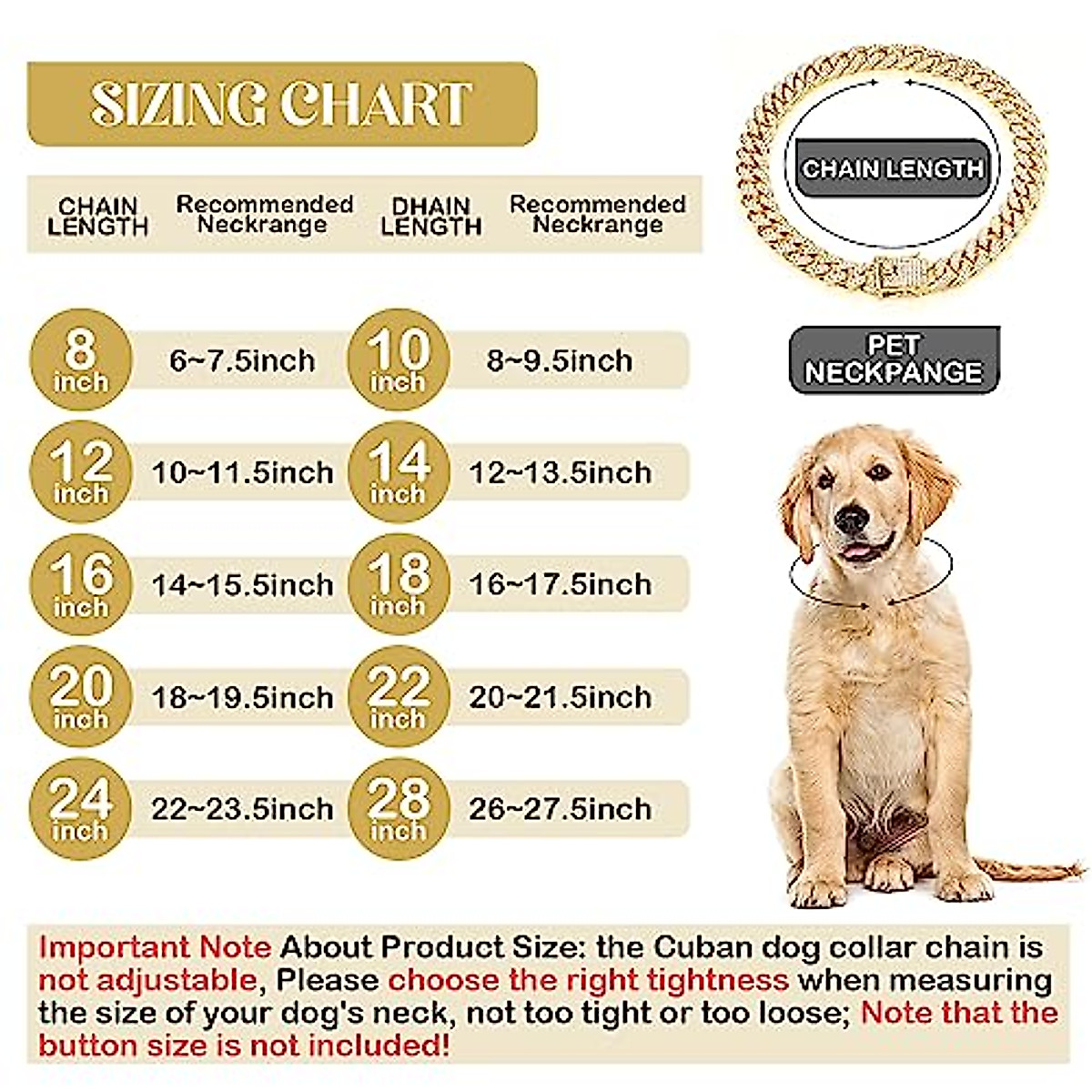 Dog Chain Diamond Cuban Collar Walking Metal Chain Collar with Design Secure Buckle, Pet Cuban Collar Jewelry Accessories for Small Medium Large Dogs Cats(Gold,8 Inch)