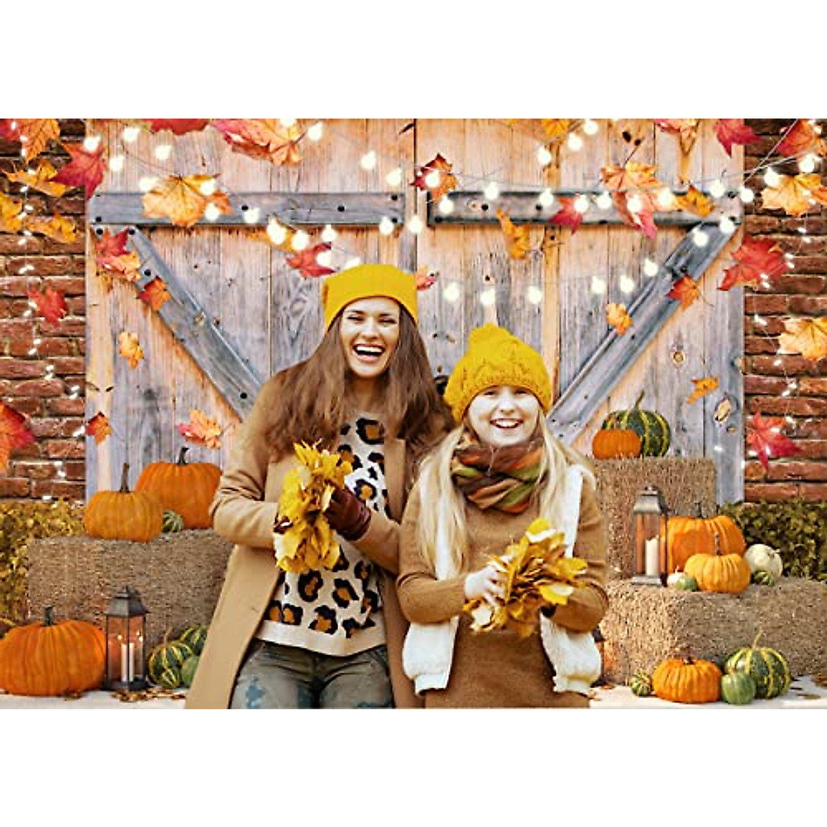 LYCGS 10X8FT Fall Thanksgiving Backdrop Autumn Pumpkin Harvest Barn Background Hay Maple Leaves Baby Shower Banner Supplies Photo Booth Prop X-53