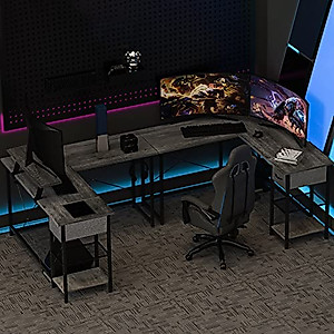 PONROL L Shaped Computer Desk with Storage Drawer Shelves and Monitor Stand, Modern Reversible Corner Gaming Table Sturdy Writing Workstation for Home Office
