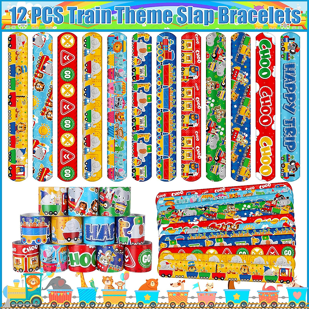 Erweicet Train Party Favors 72PCS Slap Bracelets DIY Stickers Temporary Tattoos Keychains Plastic Straws Gift Bags for Kids Car Theme Birthday Party Baby Shower
