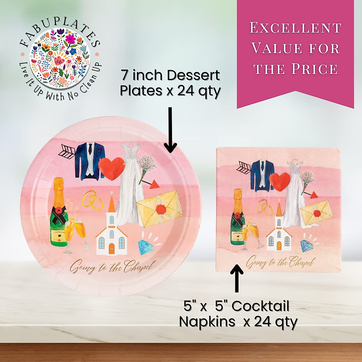 Fabuplates 48 pc Paper Plates & Napkins Party Set - Classic Wedding Bride & Groom Heavyweight Disposable Tableware - Cake, Reception, Bridal, Engagement Shower Plates - Serves 24 Guests