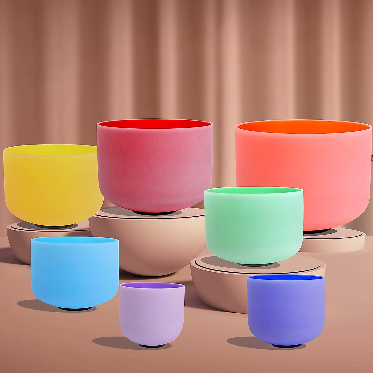 FMTY Singing Bowl 7pcs 6-12Inch A-G Note colored Crystal Singing Bowl with Soft Carrying Bag Mindfulness, Yoga, Spiritual and Body Healing and Energy Cleansing