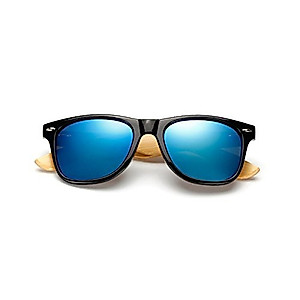 Long Keeper Bamboo Wood Arms Sunglasses for Women Men (Black, Blue)