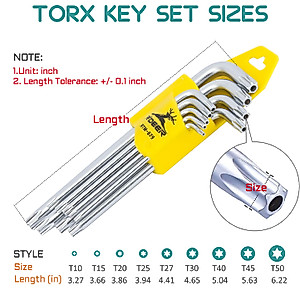R'DEER 9 Piece Long Arm Torx Hex Key Set Industrial Level Anti Tamper Proof Star Allen Wrench Kit L-wrench Hand Tool (Sizes T10-T50)