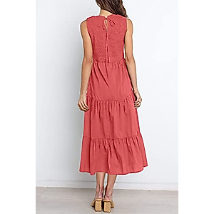 ZESICA Women's 2023 Summer Casual Sleeveless Crew Neck Smocked High Waist Flowy Tiered A Line Midi Dress,Watermelon,Medium