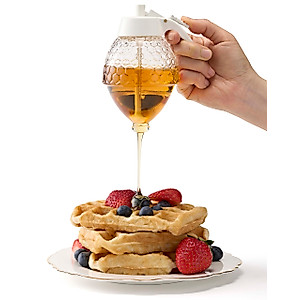 PAULSWAY Glass Honey Dispenser Jar - Premium No Drip Design, Elegant Honeycomb Shape with White Lid - Durable Glass & ABS for Honey and Syrup