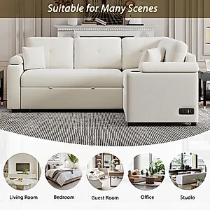 P PURLOVE Sectional Sofa with Pull-Out Sofa Bed, Boucle L-Shape Sleeper Sofa with Wheels, USB Charging Port and Power Sockets, Modern Upholstered Couch for Living Room, Bedroom, Apartment (Beige)