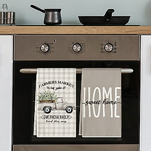 AnyDesign Farmhouse Kitchen Towel Gray Home Sweet Home Dish Towel Buffalo Plaids Truck Eucalyptus Leaves Hand Drying Tea Towel for Home Cooking Baking Cleaning, 18 x 28 Inch, 2Pcs