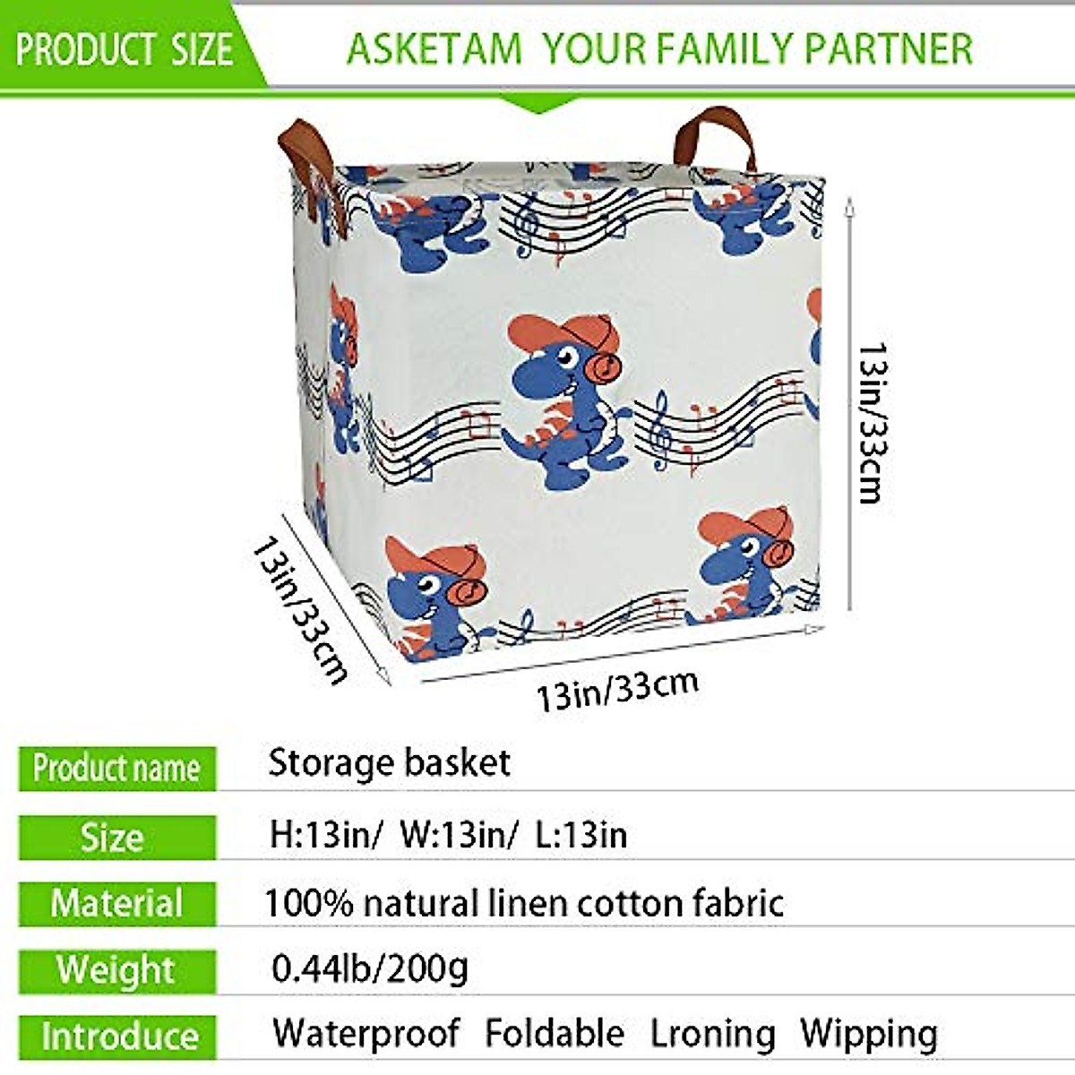 ASKETAM Square Canvas Collapsible Fabric Baby Toy Box Storage Bin Bedroom Decor Closet Kids Laundry Baskets Toy Organizer,Shelf Basket Nursery Storage,Gift Baskets(Music Dinosaur)