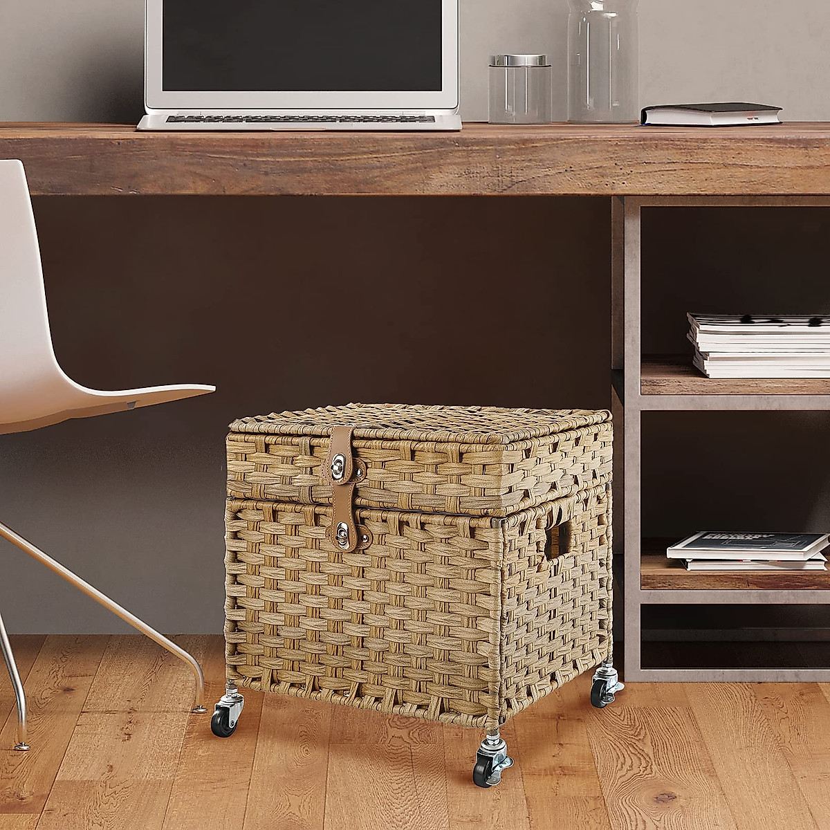 ETRONIK Rolling File Cabinet, Updated 2 Layer File Cabinets for Home Office, Hand Woven File Box with Wheels, File Organizer for Hanging Letter Size Folder, Home Decorative Document Basket, Flaxen