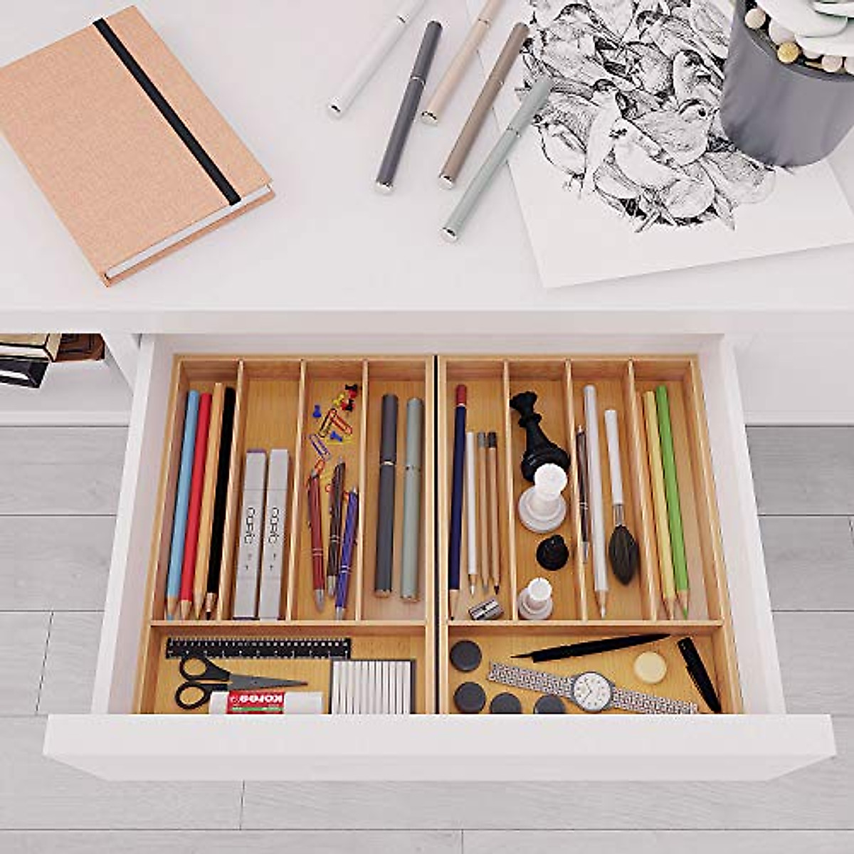 BAMEOS Utensil Drawer Organizer, Cutlery Tray Desk Drawer Organizer Silverware Holder Kitchen Knives Tray Drawer Organizer, 100% Pure Bamboo Cutlery in Natural Color (9.75)