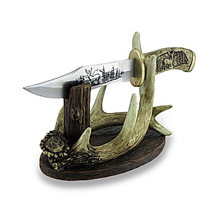 Carved Look Handle Decorative Deer Knife w/Antler Display Stand