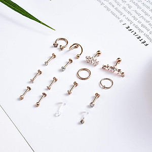 REVOLIA 16 Pcs 16G Stainless Steel Tragus Earring Cartilage Helix Single Earring Lip Rings Labret Studs Daith Rook Piercing Rose-gold