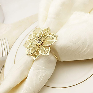 NAGU Flower Napkin Rings Set of 6, Hollow Out Floral Napkin Holder Adornment Exquisite Household Napkins Rings Set Rhinestone Napkin Rings for Wedding Banquet Christmas Table Setting (Gold)