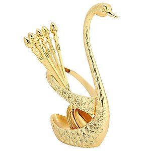 Oumefar Dessert Spoons, 10pcs Premium Food Grade Stainless Steel 4.7 Coffee Spoon with Decorative Swan Base Holder, Creative Gold Dessert Spoons and Swan Shape Holder,for Coffee Dessert Ice Cream Cake