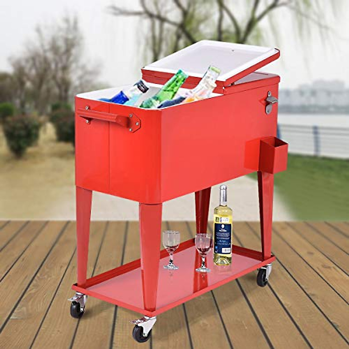 Happygrill 80 Quart Cooler, Outdoor Camping Beer Cooling Cart, Rolling Party Steel Bar Bistro Beverage Cooler Cart