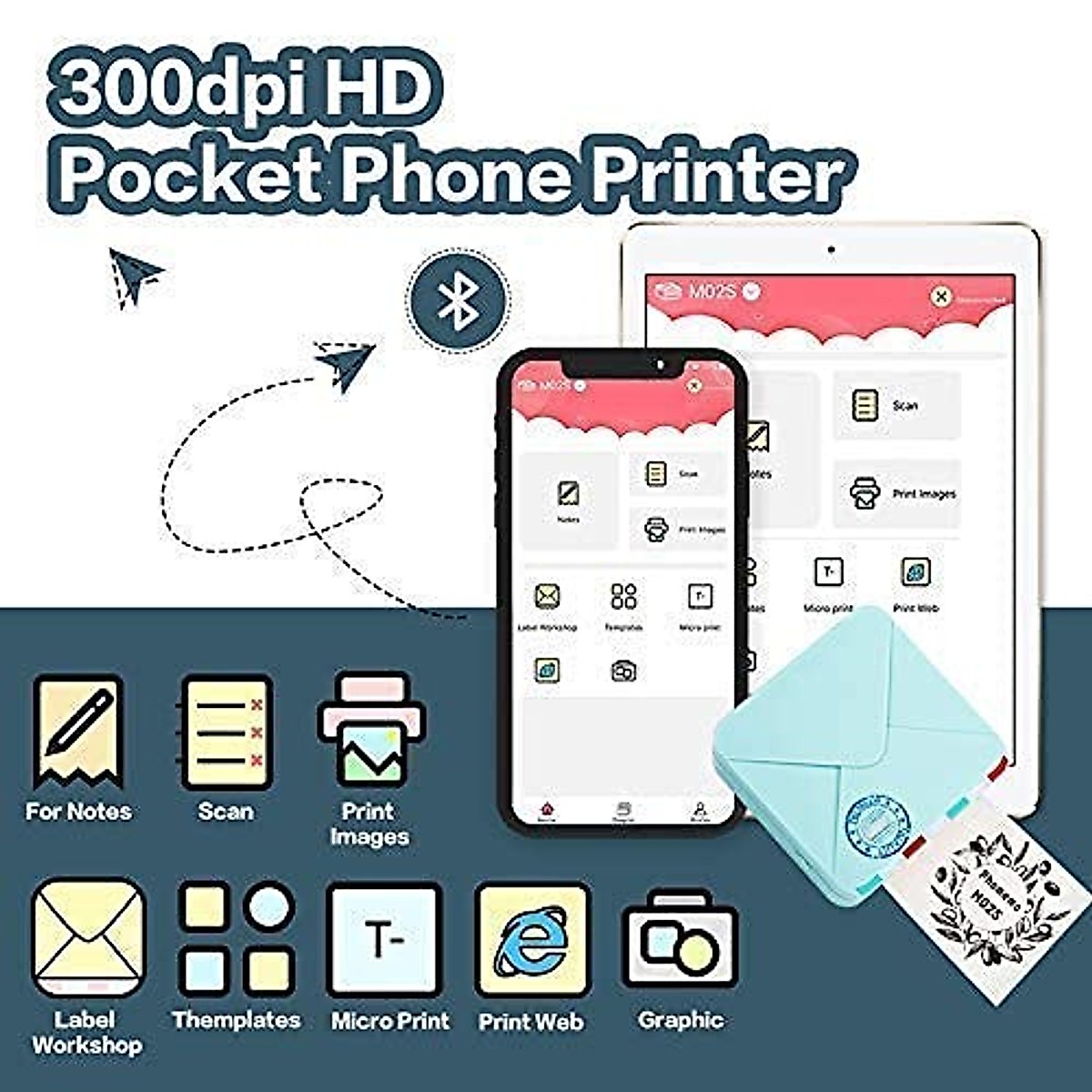 Phomemo M02S Pocket Printer- Mini Bluetooth Thermal Printer with 3 Rolls White Sticker Paper, Compatible with iOS + Android for Learning Assistance, Study Notes, Journal, Fun, Work, Cyan