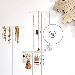 SONGMICS 2-in-1 Jewelry Display Stand Holder, Jewelry Rack Tree with 3 T-Shape Metal Bars with Holes, Storage Tray, Adjustable, Long Necklace Bracelet Earring Ring, Rustic Brown and White UJJS016W01