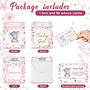 50 Pcs Elephant Diaper Raffle Tickets with Baby Shower Holder Box Baby Party Decorations Diaper Raffle Box Baby Shower Card Girl Elephant Game Insert Card for Baby Party Diaper Raffle Game