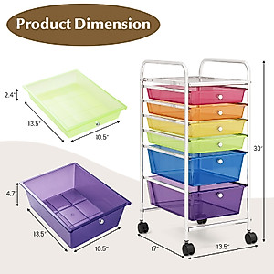 Julimoon Rolling Storage Cart with 6 Drawers,Mobile Storage Drawers Organizer, Multipurpose Plastic Utility Cart with Wheels for Home Office School Garage (Rainbow & Clear)…