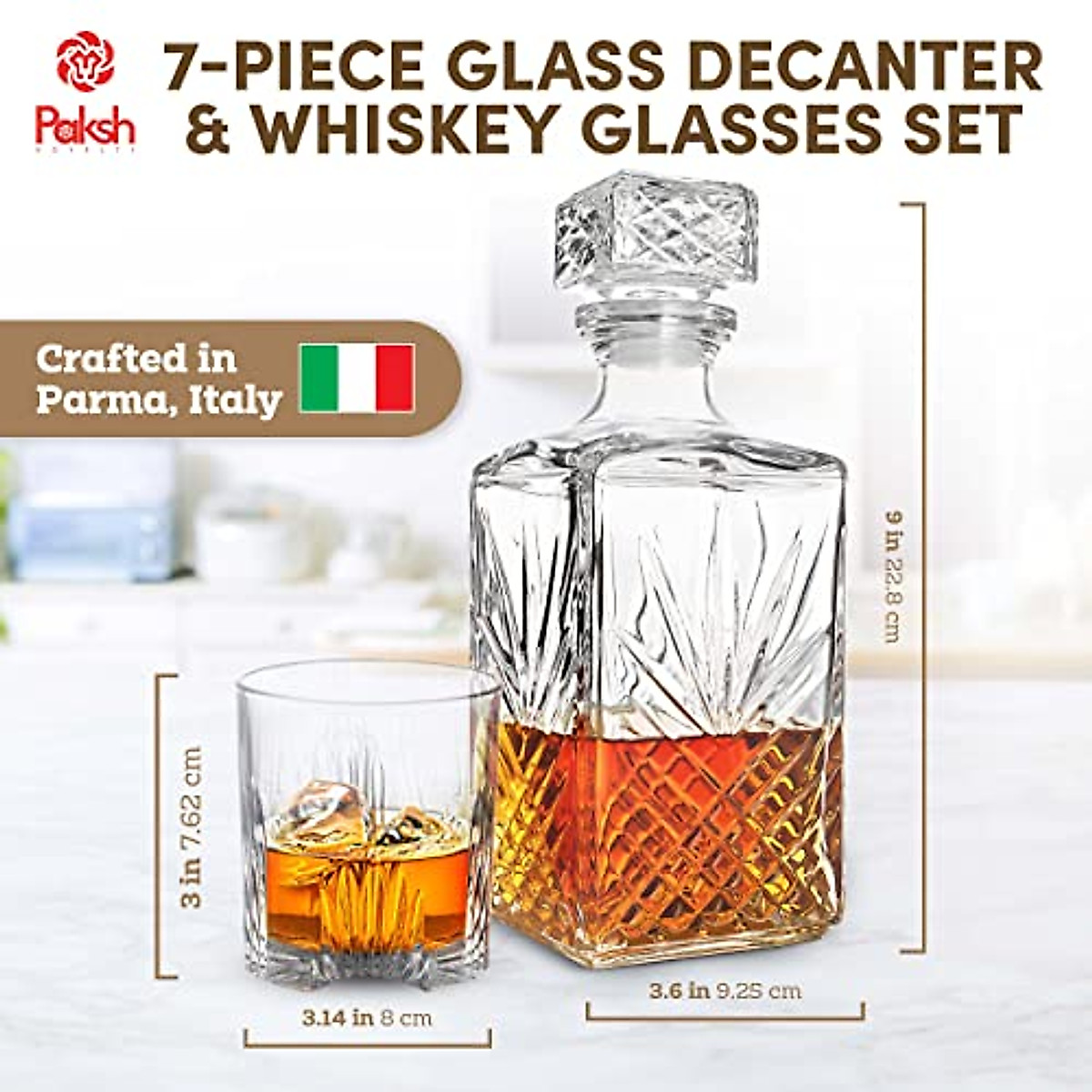 Paksh Novelty Whiskey Decanter Set - 7-Piece Italian Crafted Glass Decanter & Whiskey Glasses Set - Holiday Whiskey Gifts for Men and Women w/ Ornate Stopper and 6 Cocktail Glasses, Red