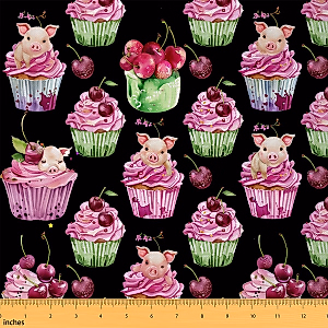 Colorful Cakes Fabric by The Yard Watercolor Cherry Rose Cute Pig Decor Fabric for Kids Teens Girls Sweet Fruit Dessert Tea Time Theme Fabric for Bed Outdoor Indoor DIY Projects 1 Yard
