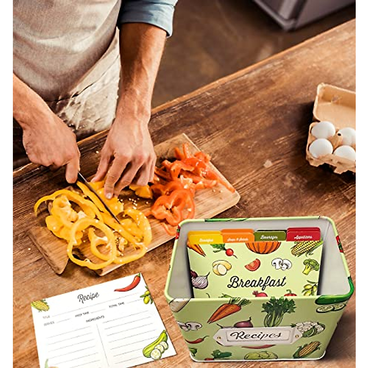 Complete Kitchen Recipe Box Set with 36 Cards, 12 Dividers & Wooden Card Holder | Recipe Card Organizer, Decorative Metal Recipe Tin Set for 4x6 Cards