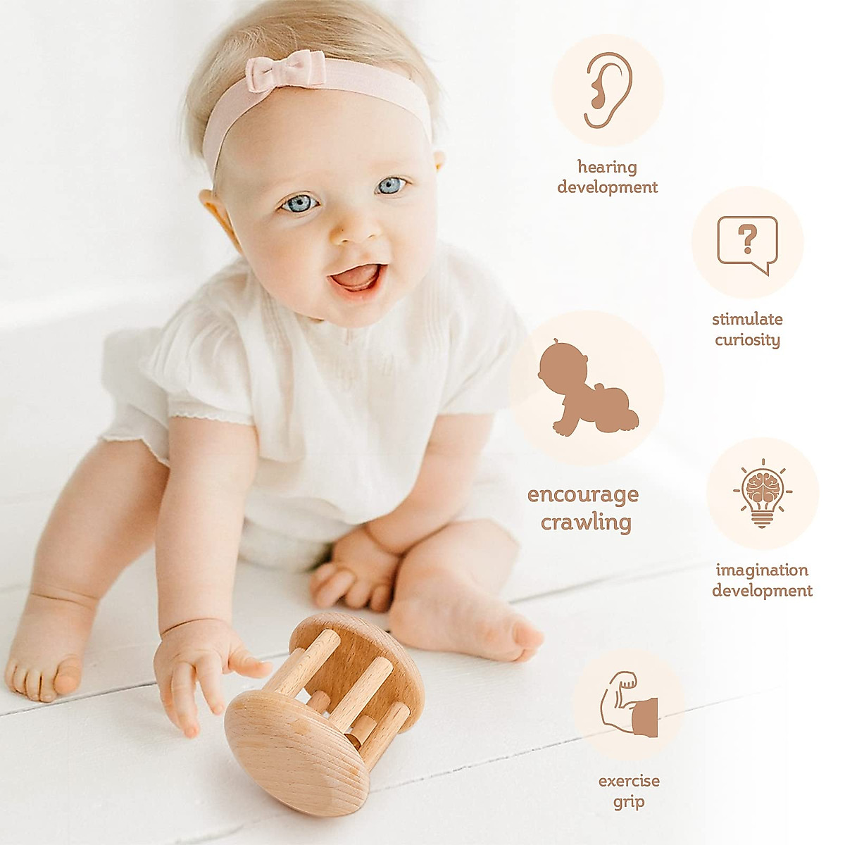 Promise Babe Infant Gym Organic Wooden Rattle Wooden Bells Rattles Nursing Shower Gifts Waldorf Toys