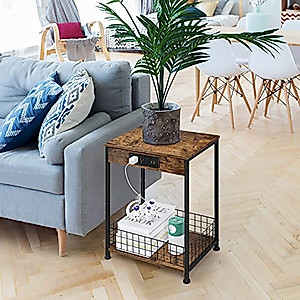Vrisa Nightstand with Charging Station Bed Side Tables Set of 2 with USB Ports and Outlets Farmhouse Night Stand with Storage Basket Nightstands for Bedroom Living Room Industrial