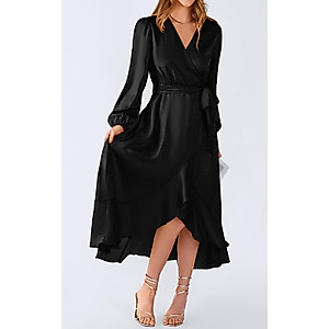 PRETTYGARDEN Women's Satin Fall Dress Semi Formal Satin Long Sleeve Wrap V Neck Ruffle Belted A-Line Flowy Maxi Dresses (Black,Small)