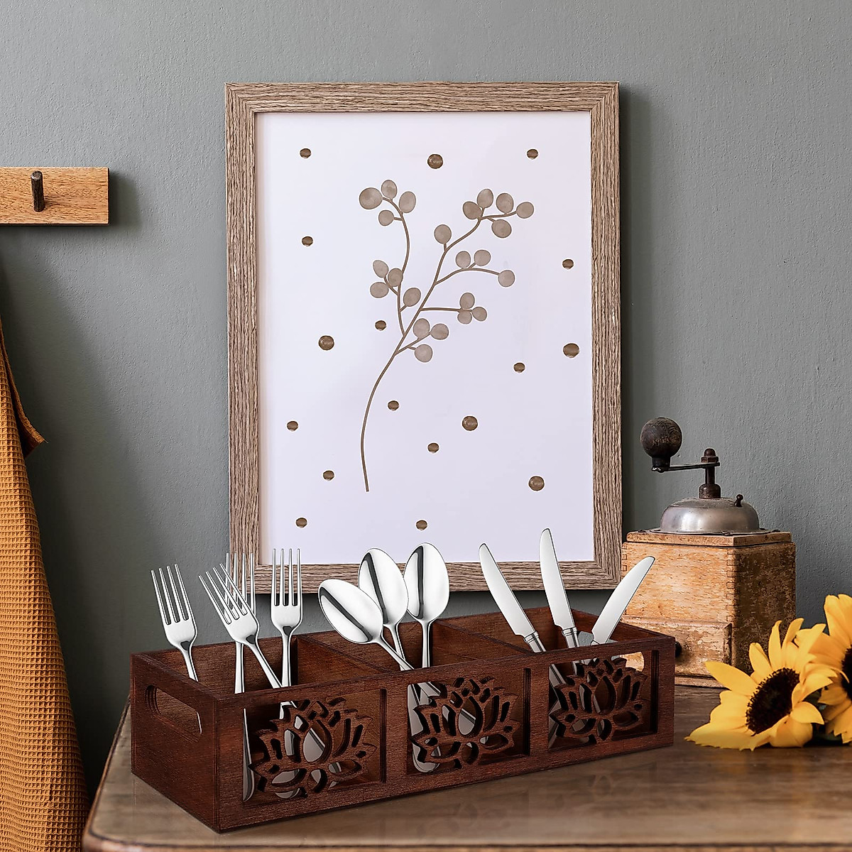 3 Slot Wooden Silverware Utensil Desk Organizer Caddy Utensil Organizer Cutlery Pen Pencil Caddy Desktop Storage with 3 Compartments Multiuse for Kitchen Office Supplies