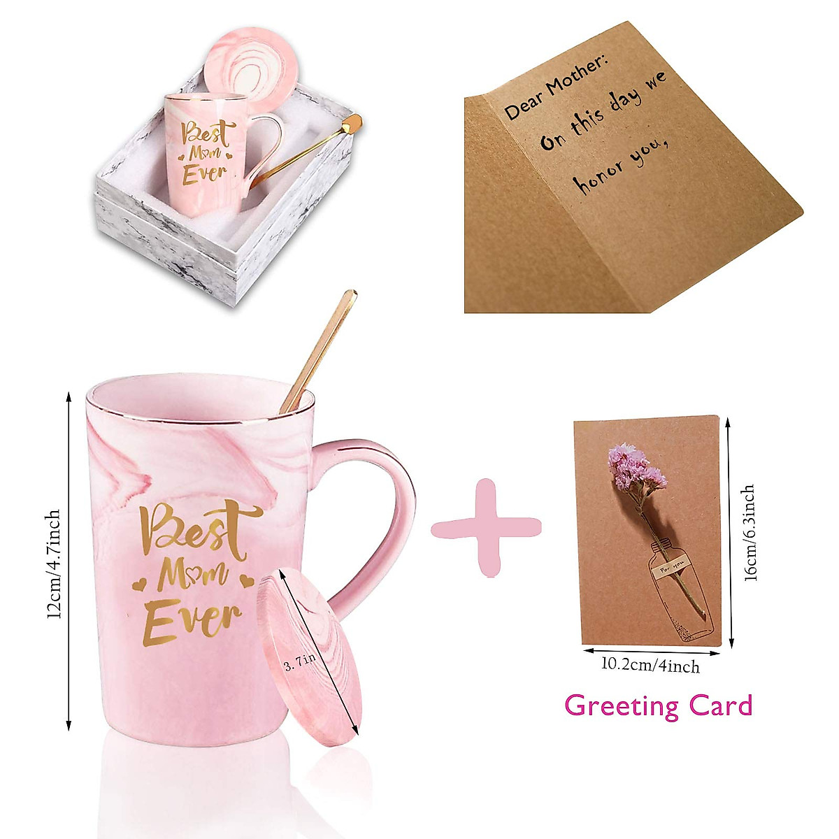 UONMAY Best Mom Ever Coffee Mug Mothers Day Gifts for Mom from Kids Daughter Son Novelty Mug Marble Ceramic Tea Cup 14oz Birthday Presents Mugs with Exquisite Box Packing and Greeting Cards Pink