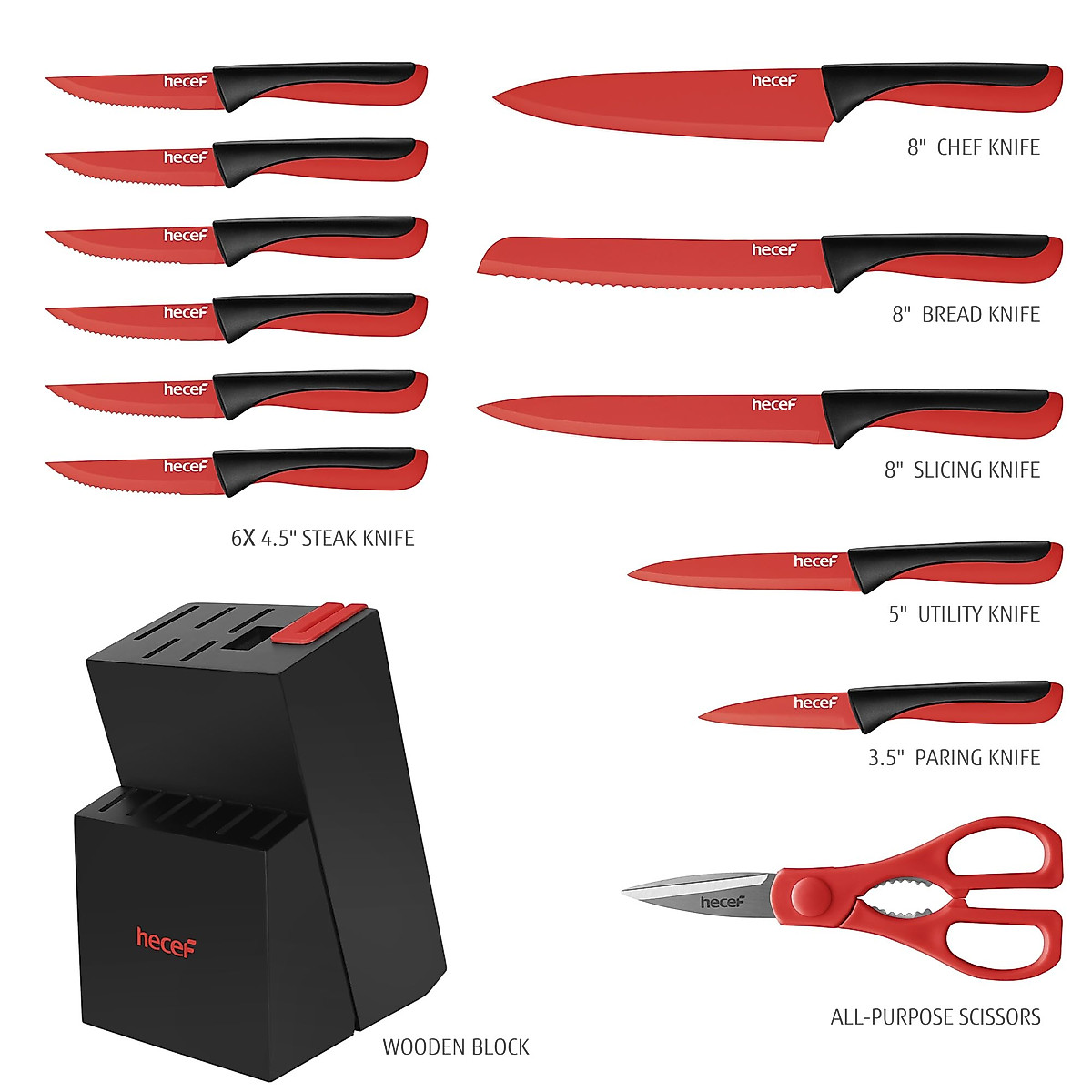 hecef 13 Pieces Kitchen Knife Set with Built-in Sharpening Wooden Block, High Carbon Stainless Steel Knife Block Set with Steak Knives, Kitchen Scissors, Red