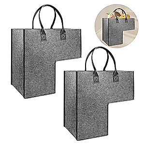 SMFANLIN 2Pcs Foldable L-Shape Stair Basket Organizer, Folding Fabric Staircase Storage Organizer with Faux Leather Handles, Large Stair Tidy Basket Bin for Laundry, Toys, Household Items
