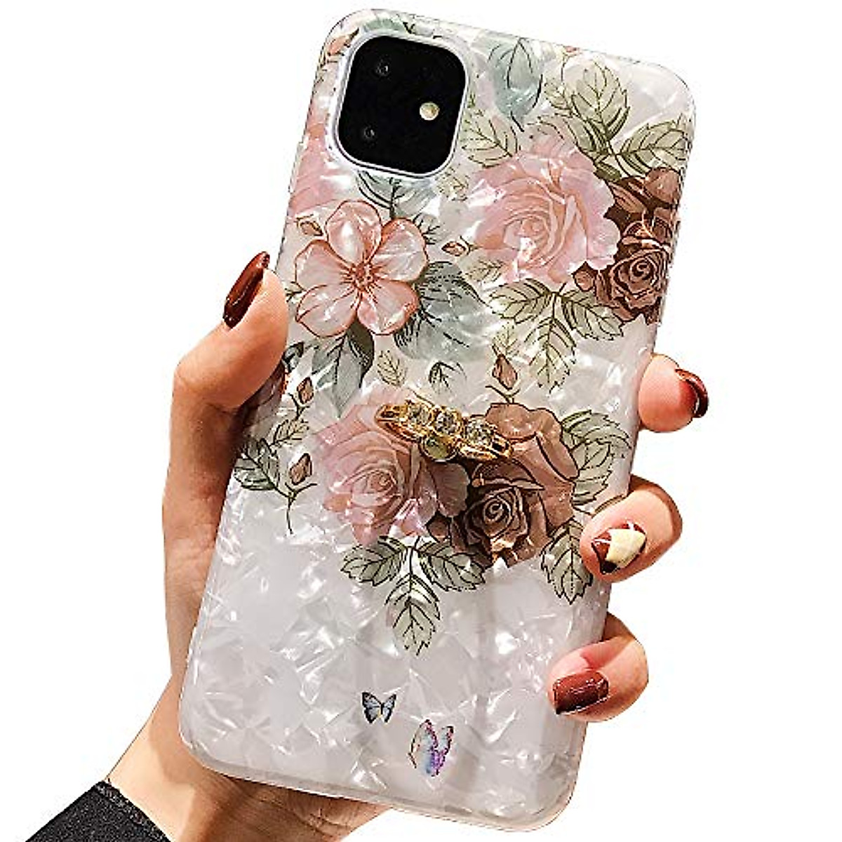 Qokey iPhone 11 Case Floral Case Cute Clear Flower Case for Women Girls with 360 Degree Rotating Ring Stand Holder Kickstand Soft TPU Shockproof Cover Designed for iPhone 11 6.1 Inch Brown Flower