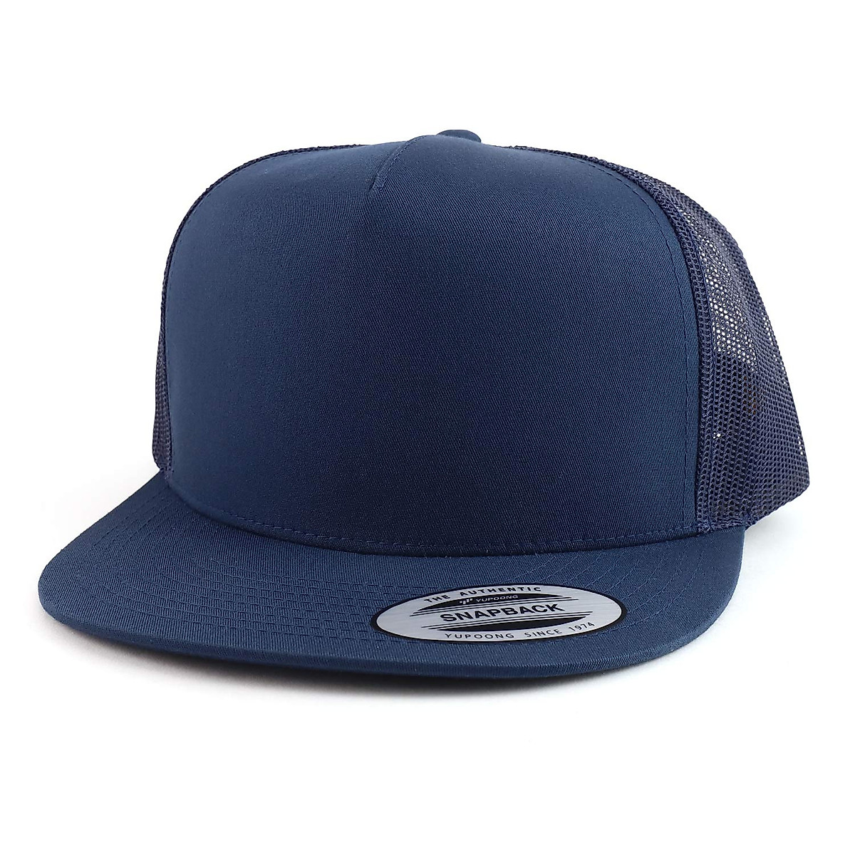 Trendy Apparel Shop Flexfit Oversize XXL Structured Blank 5 Panel Flatbill Snapback Mesh Cap - Navy -2XL