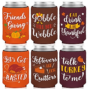 6PCS Friendsgiving Decorations Can Cooler Friends Gathering Neoprene Can Sleeve Thanksgiving Fall Party Decor Potluck Dinner for Soda Beverage Thankful Feast Party Supplies
