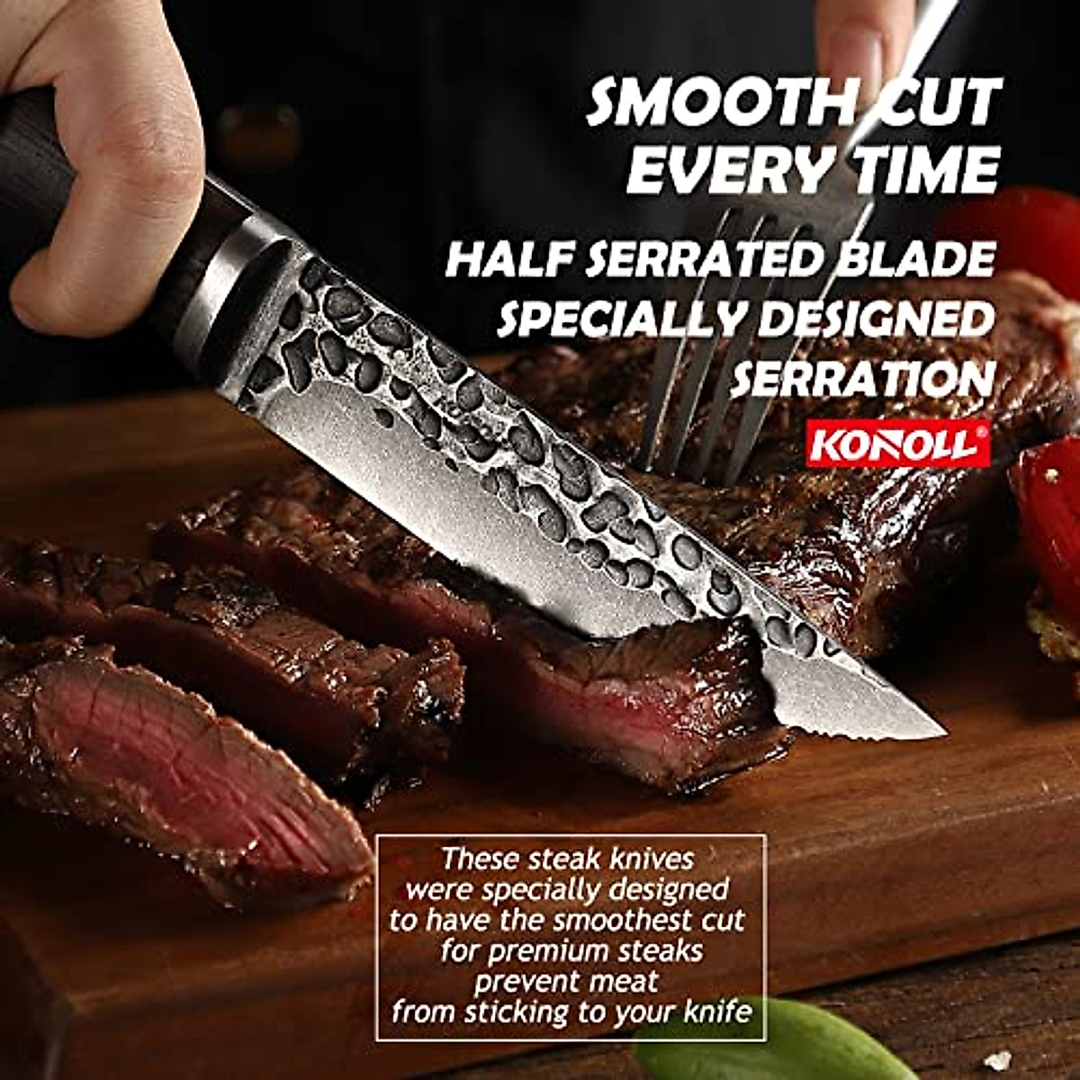 KONOLL Steak Knives Set of 6 Steaks Knife Serrated Blade Forged Handmade German High Carbon Steel Full Tang Handle