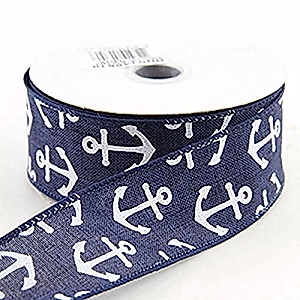 Craig Bachman Imports 1.5"x10yd Wired Basic Anchor Ribbon, Navy Blue/White